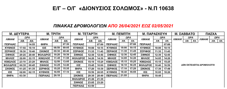 Τα δρομολόγια του πλοίου Ε/Γ - Ο/Γ "ΔΙΟΝΥΣΙΟΣ ΣΟΛΩΜΟΣ" για την Μεγάλη ...